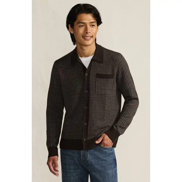 LANDS' END Long Sleeve Washable Merino Button Through Sweater Polo - Rich Coffee Houndstooth
