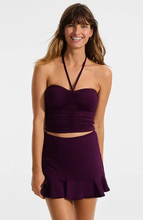 LANDS' END Ruched Halter Neck Convertible Tankini Top - Dark Wine