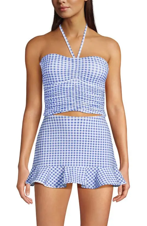 LANDS' END Ruched Halter Neck Convertible Tankini Top - Soft Cloud Blue Gingham