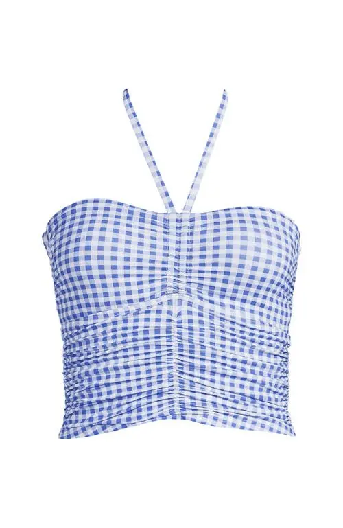 LANDS' END Ruched Halter Neck Convertible Tankini Top - Soft Cloud Blue Gingham
