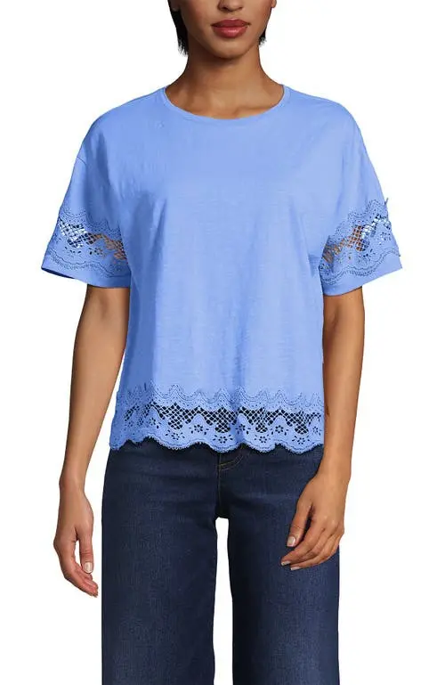 LANDS' END Short Sleeve Slub Jersey Cutwork T-shirt - Clear Blue Sky