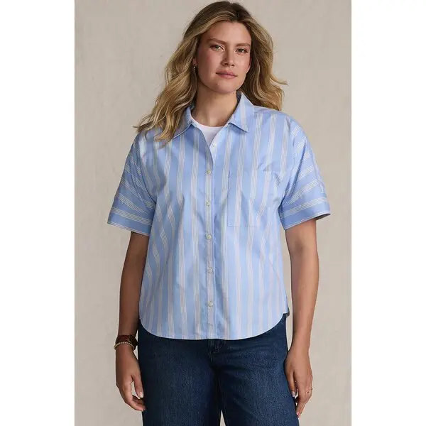 LANDS' END Cooling Elbow Sleeve Button Front Shirt - Clear Blue Sky Quad Stripe