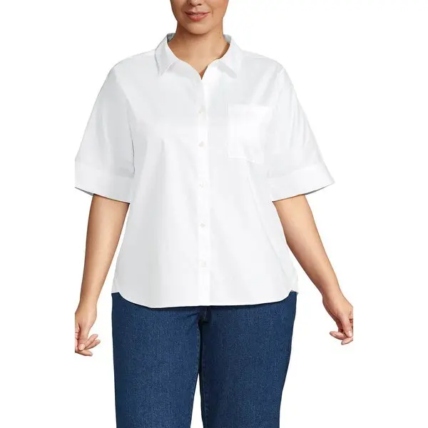 LANDS' END Cooling Elbow Sleeve Button Front Shirt - White