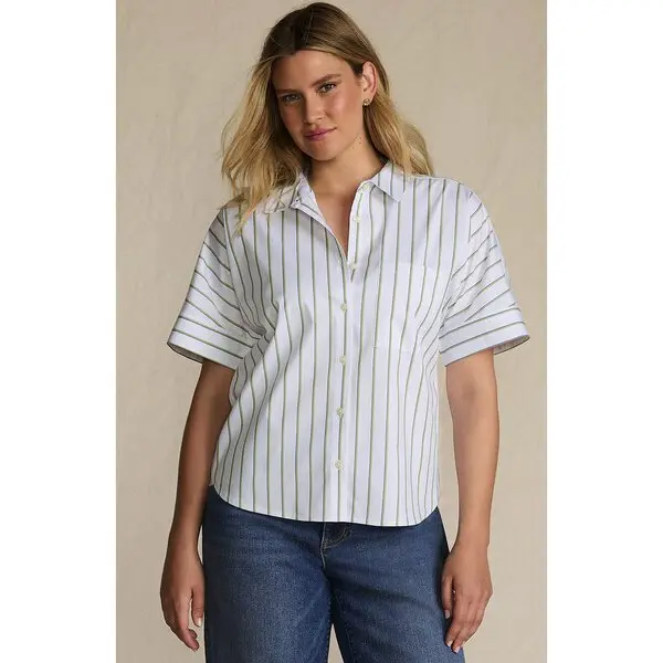 LANDS' END Cooling Elbow Sleeve Button Front Shirt - Winter Pear Twin Stripe