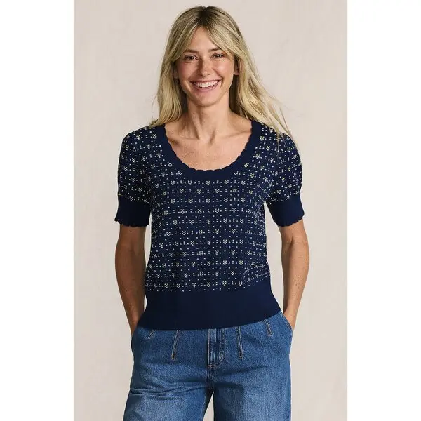 LANDS' END Fine Gauge Cotton Jacquard Scoop Neck Sweater - Deep Sea Navy Floral Jacquard
