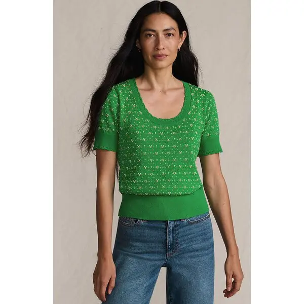 LANDS' END Fine Gauge Cotton Jacquard Scoop Neck Sweater - True Green Floral Jacquard