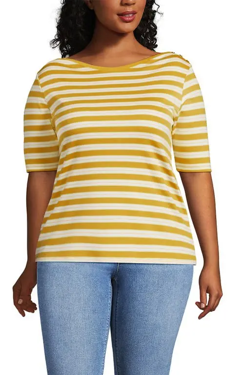 LANDS' END Supima Cotton Elbow Sleeve Boatneck Tee - Goldenrod Multi Stripe