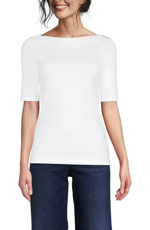 LANDS' END Supima Cotton Elbow Sleeve Boatneck Tee - White