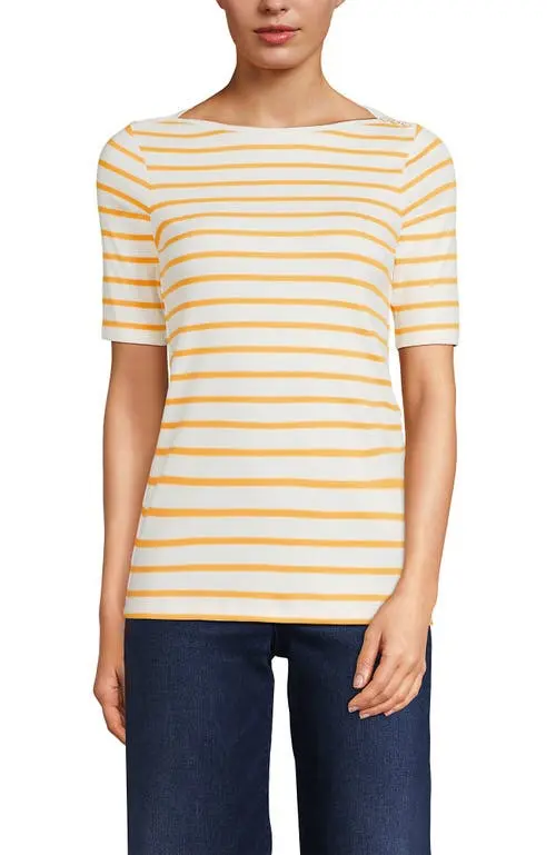 LANDS' END Supima Cotton Elbow Sleeve Boatneck Tee - White