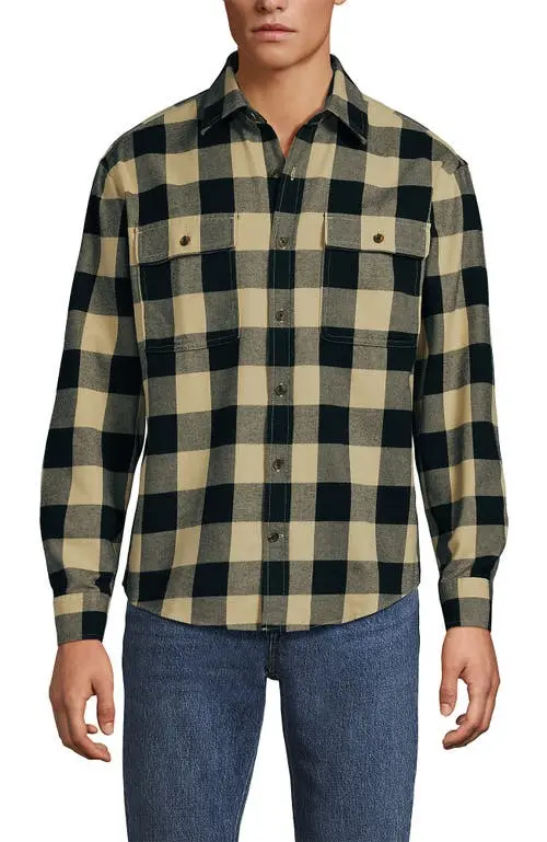 LANDS' END Long Sleeve Raindefense Flannel Shirt - Black/champagne Buffalo Check