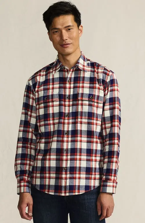 LANDS' END Long Sleeve Raindefense Flannel Shirt - Navy/bourbon Plaid