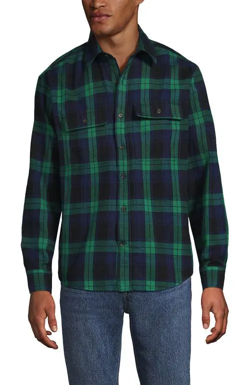 LANDS' END Long Sleeve Raindefense Flannel Shirt - Rich Clover/navy Plaid