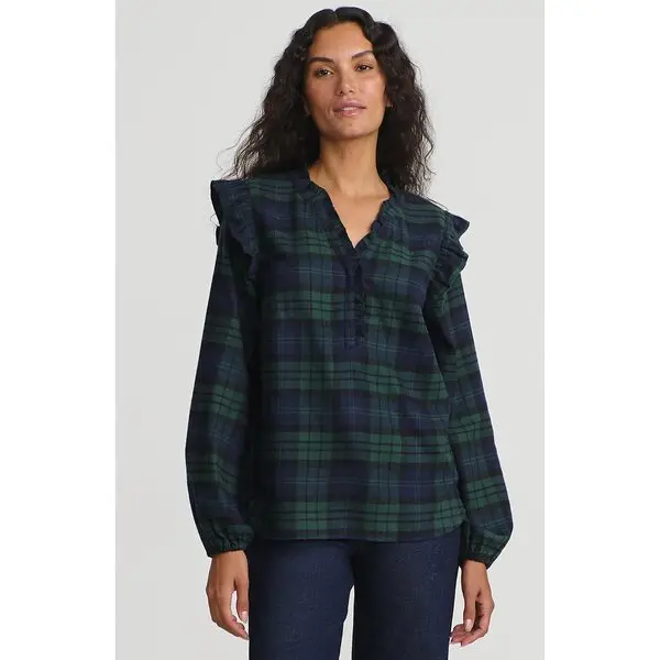 LANDS' END Ruffle Front Flannel Popover Blouse - Deep Forest Blackwatch Plaid