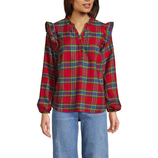 LANDS' END Ruffle Front Flannel Popover Blouse - Red/nautical Blue Plaid