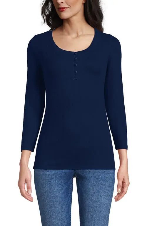 LANDS' END 3/4 Sleeve Variegated Micro Rib Henley - Deep Sea Navy
