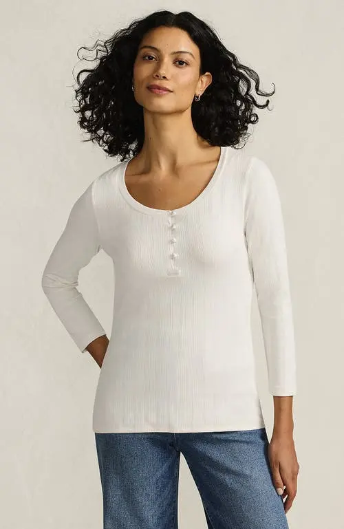 LANDS' END 3/4 Sleeve Variegated Micro Rib Henley - Ivory
