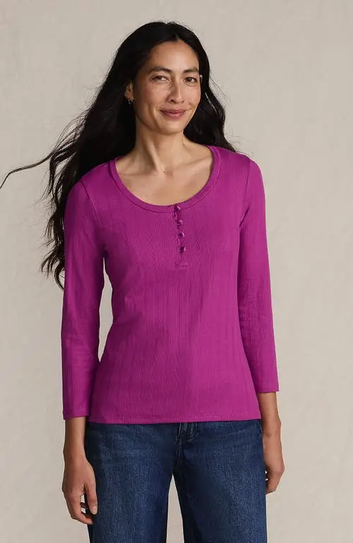 LANDS' END 3/4 Sleeve Variegated Micro Rib Henley - Light Raspberry Sorbet