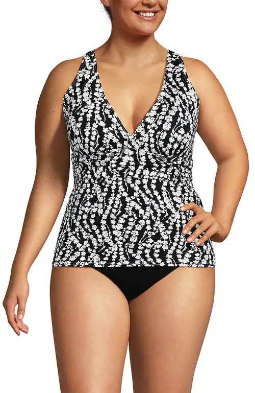 LANDS' END Chlorine Resistant Plunge X-back Tankini Swimsuit Top - Black/white Vine Floral