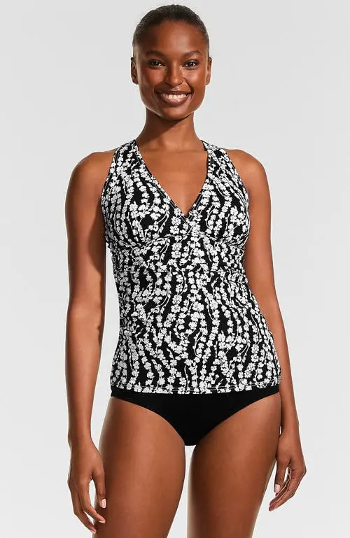 LANDS' END Chlorine Resistant Plunge X-back Tankini Swimsuit Top - Black/white Vine Floral