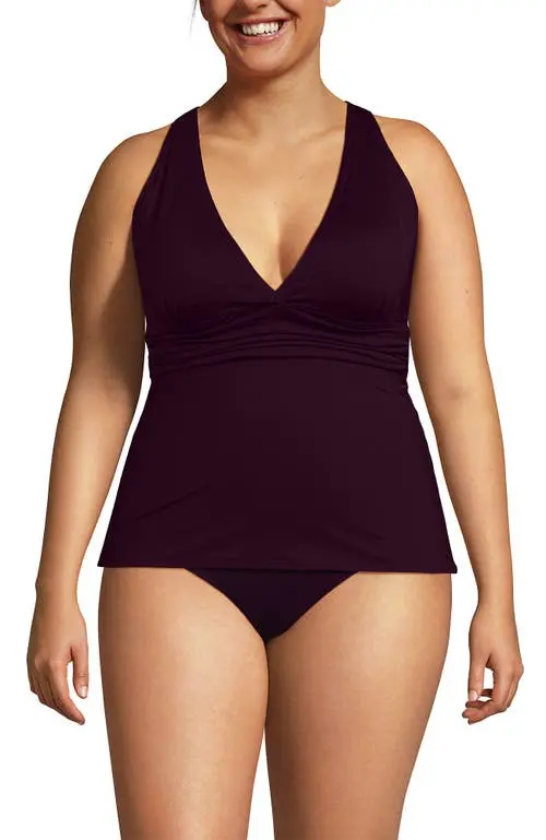 LANDS' END Chlorine Resistant Plunge X-back Tankini Swimsuit Top - Dark Wine