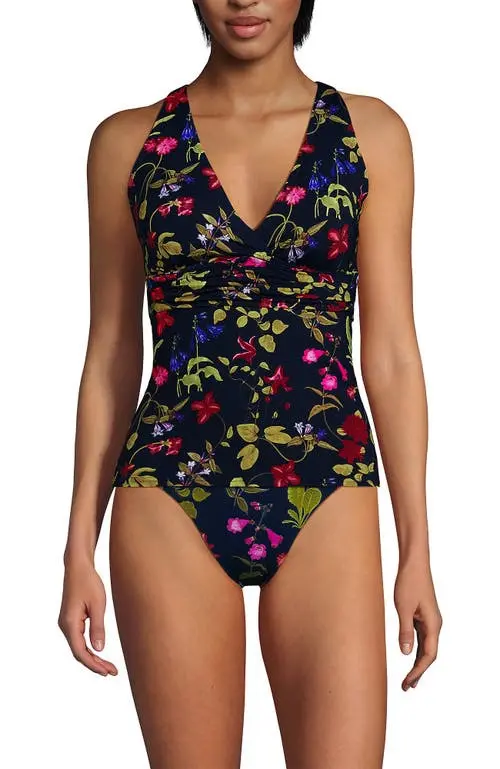 LANDS' END V-neck Plunge X-back Tankini Top - Deep Sea Multi Garden Floral