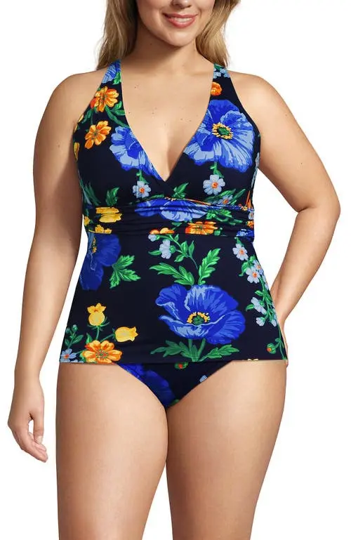 LANDS' END Chlorine Resistant Plunge X-back Tankini Swimsuit Top - Deep Sea Multi Garden Floral