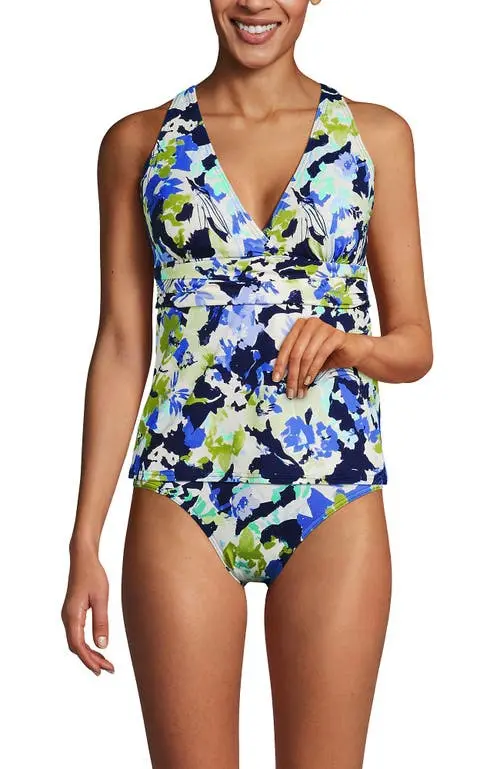 LANDS' END Chlorine Resistant Plunge X-back Tankini Swimsuit Top - Deep Sea Navy Multi Floral