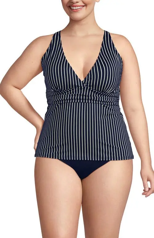 LANDS' END Chlorine Resistant Plunge X-back Tankini Swimsuit Top - Deep Sea Navy Multi Floral