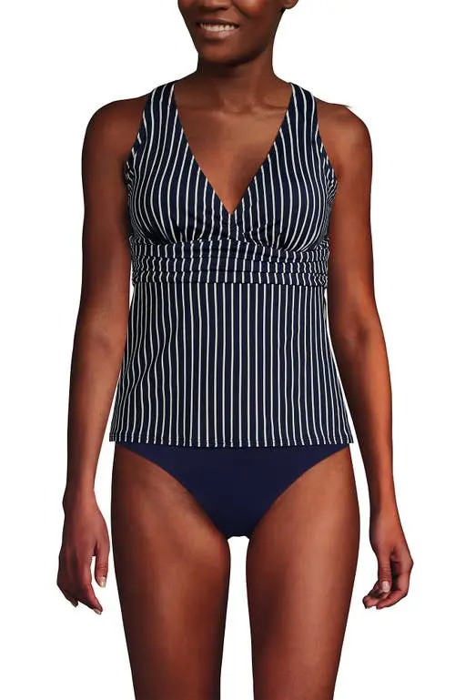 LANDS' END Chlorine Resistant Plunge X-back Tankini Swimsuit Top - Navy/egret White Stripe
