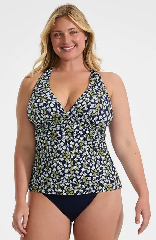 LANDS' END Chlorine Resistant Plunge X-back Tankini Swimsuit Top - Navy/exploded Poppy Floral