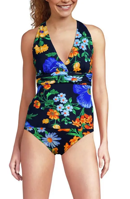 LANDS' END Chlorine Resistant Plunge X-back Tankini Swimsuit Top - Navy/exploded Poppy Floral