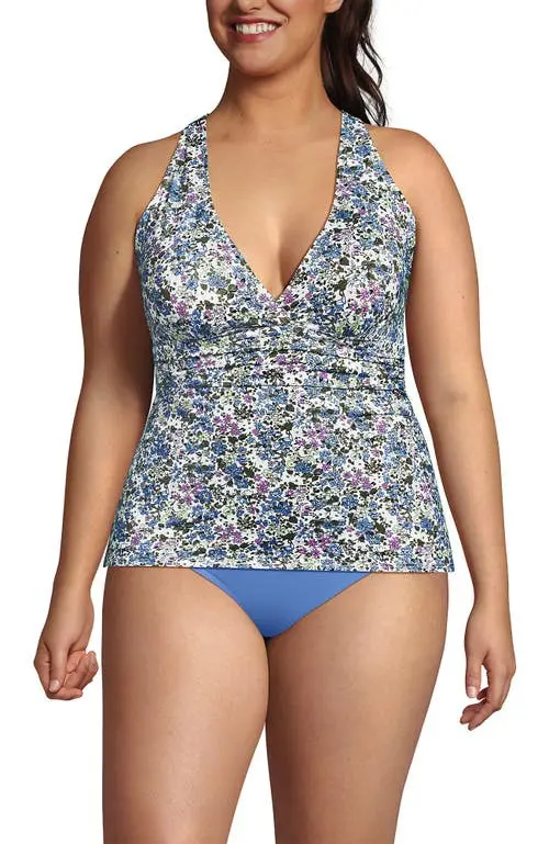 LANDS' END Chlorine Resistant Plunge X-back Tankini Swimsuit Top - White/lilac Multi Ditsy Floral