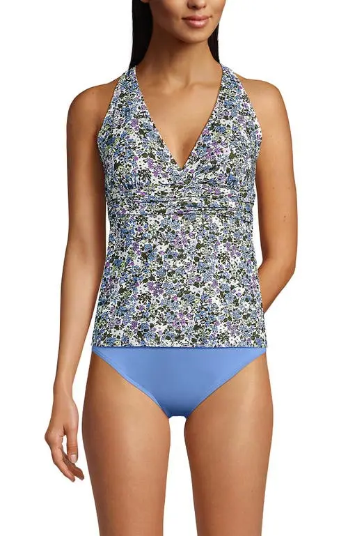LANDS' END Chlorine Resistant Plunge X-back Tankini Swimsuit Top - White/lilac Multi Ditsy Floral
