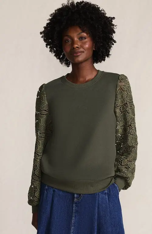 LANDS' END Serious Sweats Lace Sleeve Sweatshirt - Forest Moss
