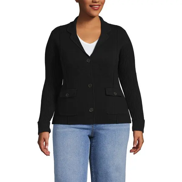 LANDS' END Ribbed Collared Blazer Sweater - Black