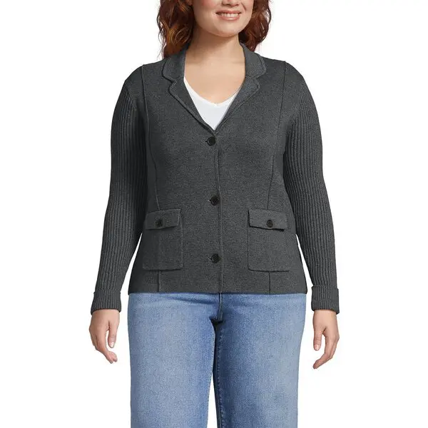 LANDS' END Ribbed Collared Blazer Sweater - Charcoal Heather