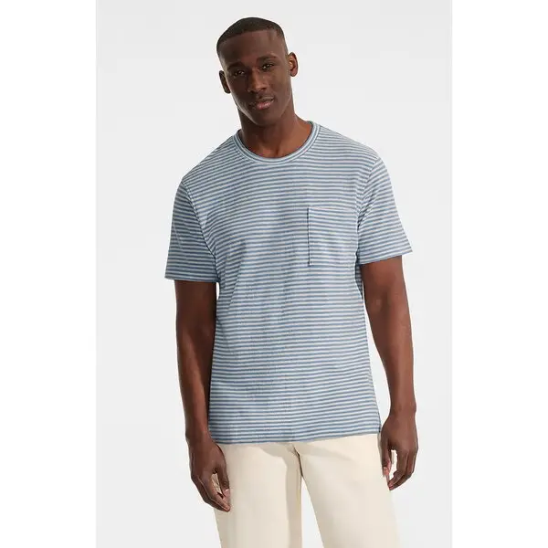 LANDS' END Short Sleeve Cotton Linen Tee - Oasis Blue Stripe