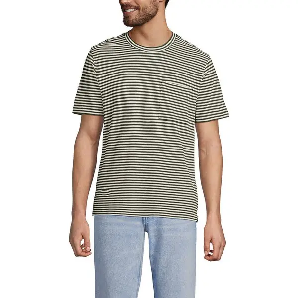 LANDS' END Short Sleeve Cotton Linen Tee - River Stone Green Stripe