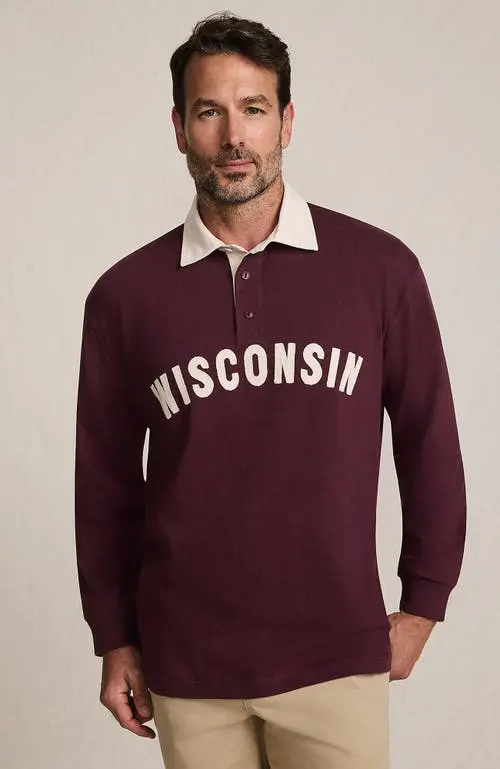 LANDS' END Long Sleeve Rugged Rugby Polo - Lush Burgundy Wisconsin