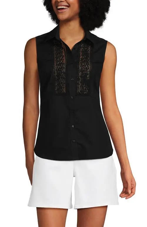 LANDS' END Sleeveless No Iron Shirt With Lace Inset - Black