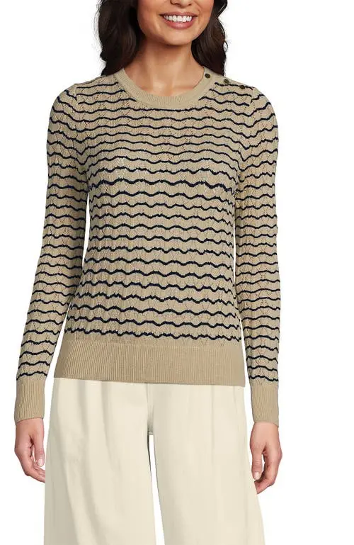 LANDS' END Cotton Viscose Button Shoulder Crewneck Sweater - Champagne/navy Stitch Stripe