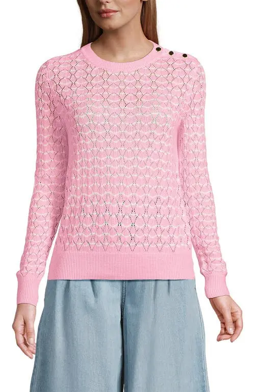 LANDS' END Cotton Viscose Button Shoulder Modern Crew Sweater - Fresh Ivory/rose Pink Stripe