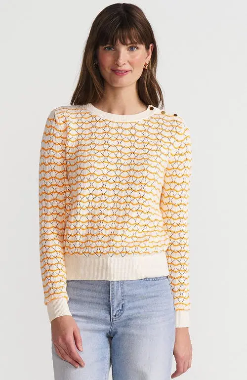 LANDS' END Cotton Viscose Button Shoulder Modern Crew Sweater - Ivory/sweet Mango Stripe