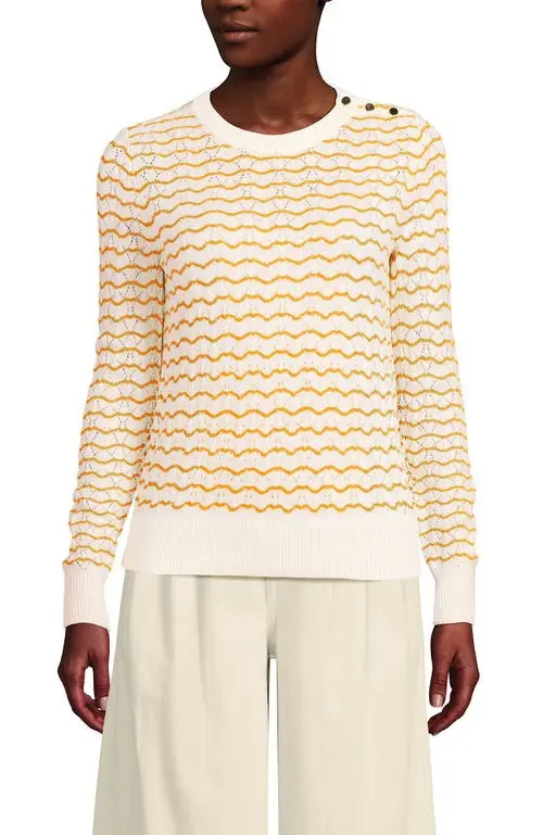 LANDS' END Cotton Viscose Button Shoulder Crewneck Sweater - Ivory/sweet Mango Stripe