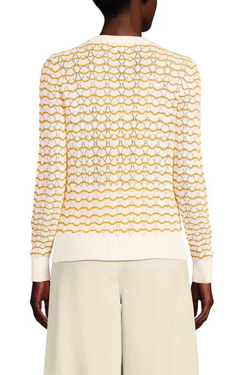 LANDS' END Cotton Viscose Button Shoulder Crewneck Sweater - Ivory/sweet Mango Stripe