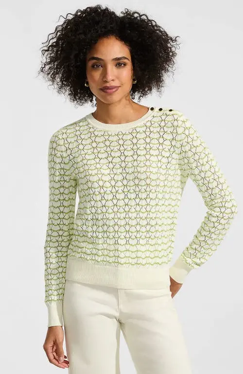 LANDS' END Cotton Viscose Button Shoulder Crewneck Sweater - Pistachio/ivory Stitch Stripe