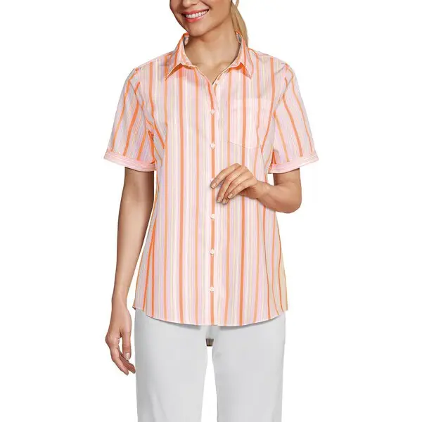 LANDS' END Short Sleeve No Iron Shirt - Crisp Peach Multi Stripe