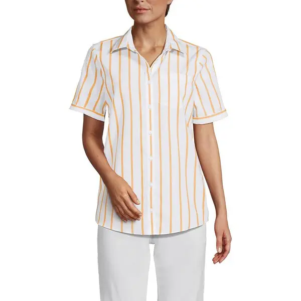 LANDS' END Short Sleeve No Iron Shirt - Sweet Mango Classic Stripe