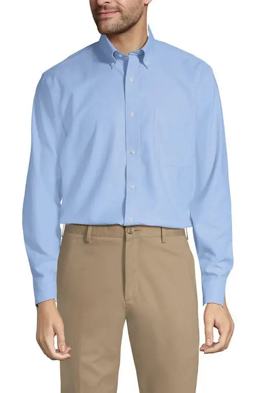 LANDS' END Tailored Fit No Iron Solid Supima Cotton Oxford Dress Shirt - Blue