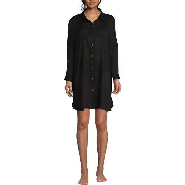 LANDS' END Sheer Oversized Button Front Swim Cover-up Shirt - Black